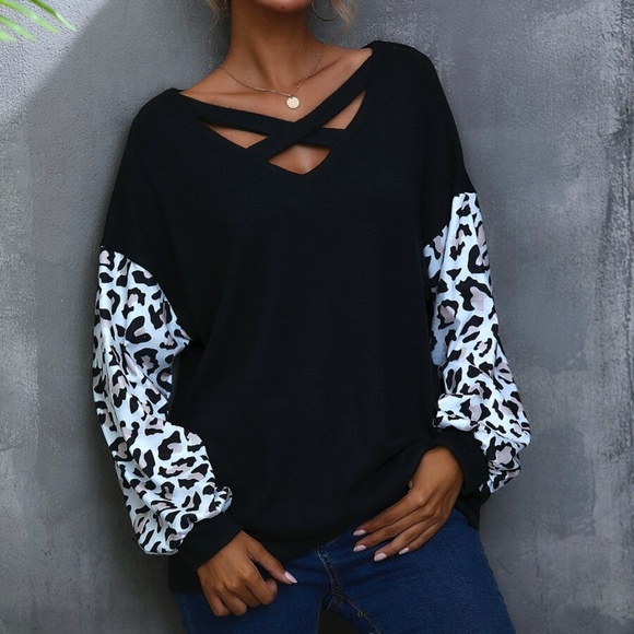 Tops | Leopard Print Long Sleeve Criss Cross Front Top Bk | Poshmark